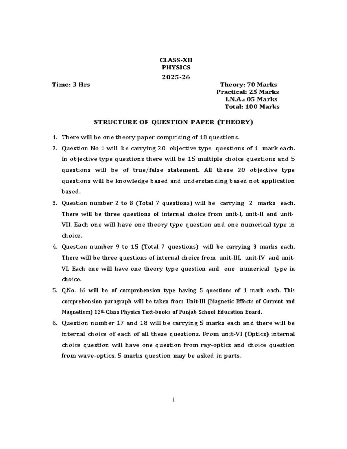 PHYSICS 12th Class Structure of Question Paper 2025-26 - Studocu
