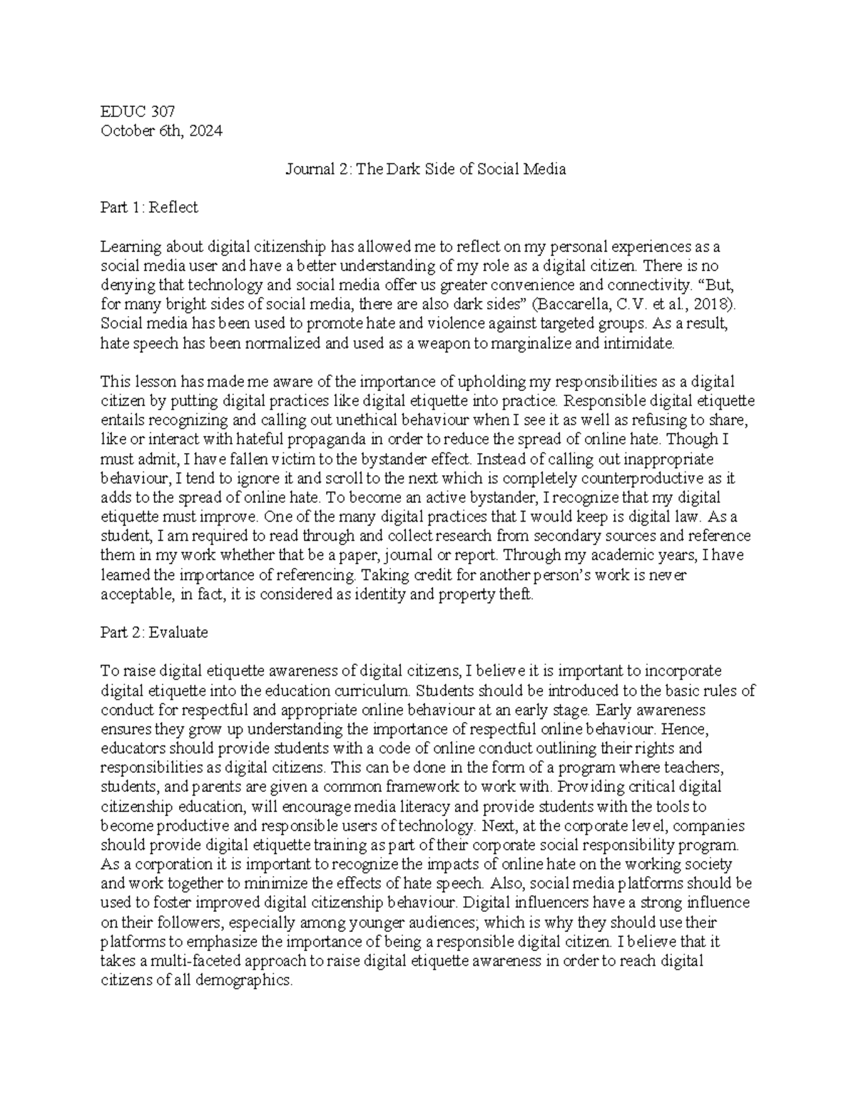 EDUC 307 Journal 2: Reflecting on Digital Citizenship & Social Media ...