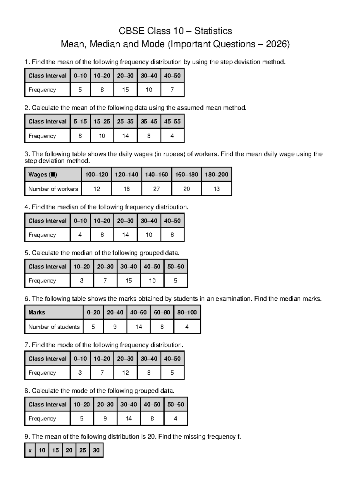 CBSE Class 10 Statistics: Mean, Median, Mode Questions (2026) - Studocu