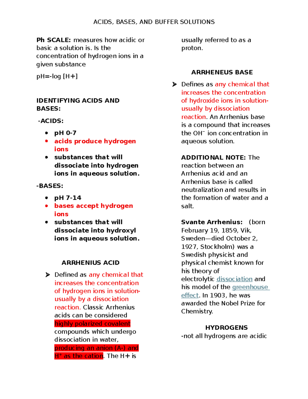 ACID, BASES, AND BUFFER SOLUTIONS: Understanding pH and Ionization - Studocu