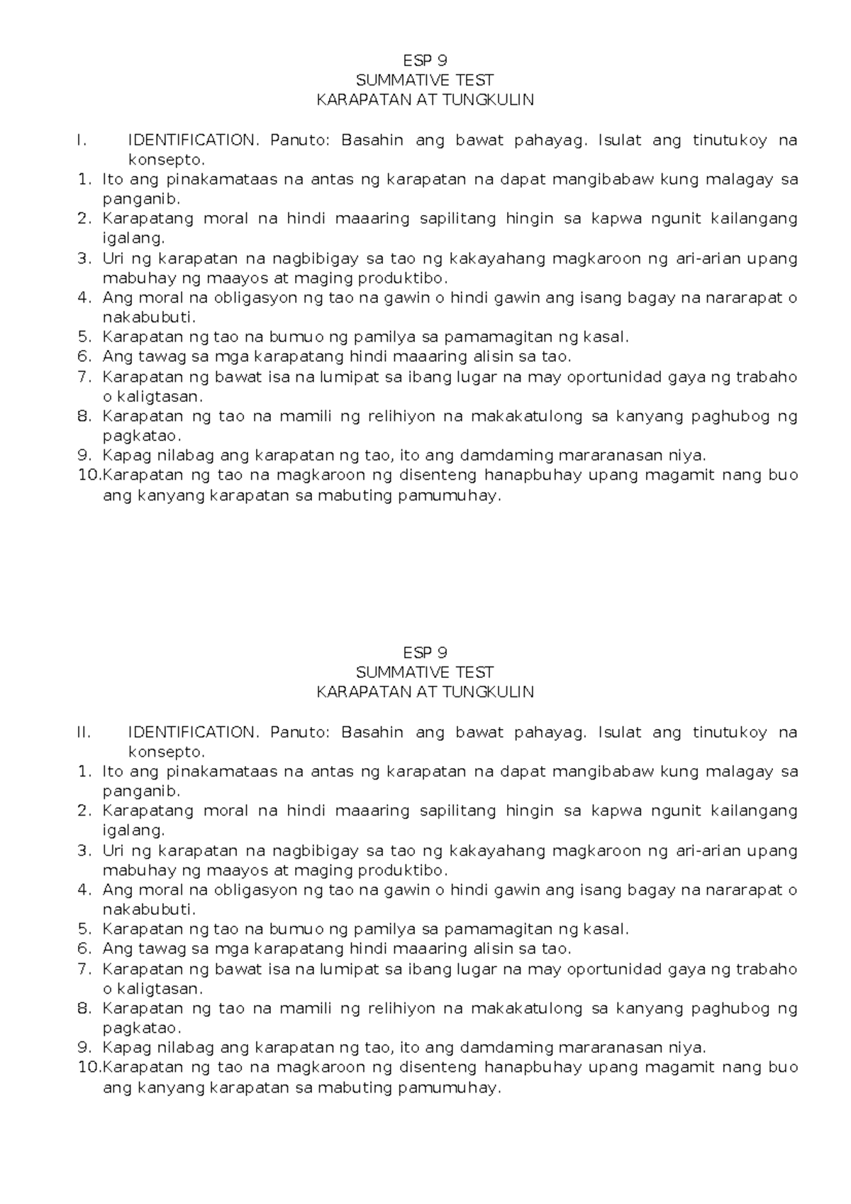 ESP 9 SUMMATIVE TEST: KARAPATAN AT TUNGKULIN IDENTIFICATION - Studocu