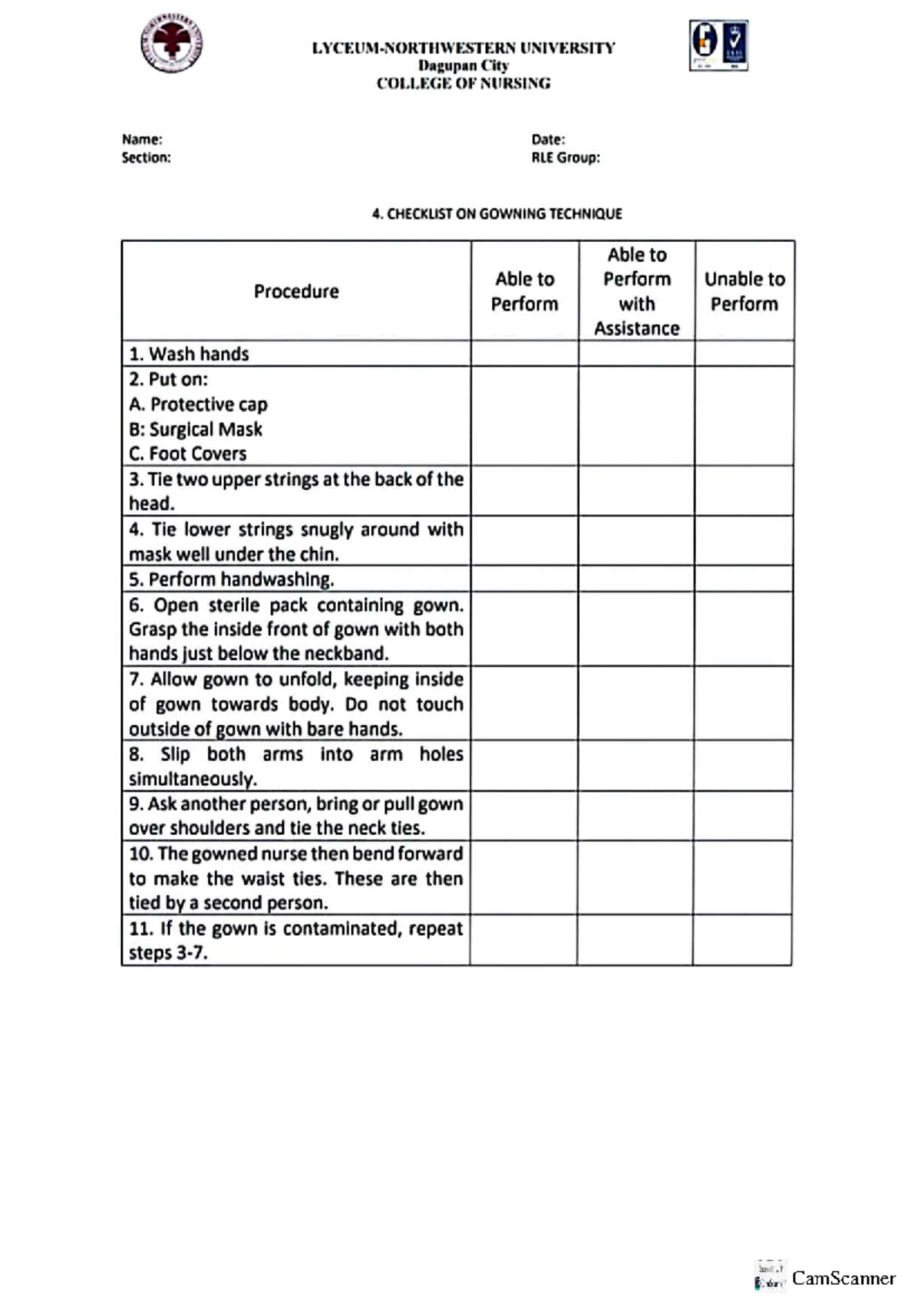 Checklist on gowning, gloving, and handwashing techniques - RLE 4 - Studocu