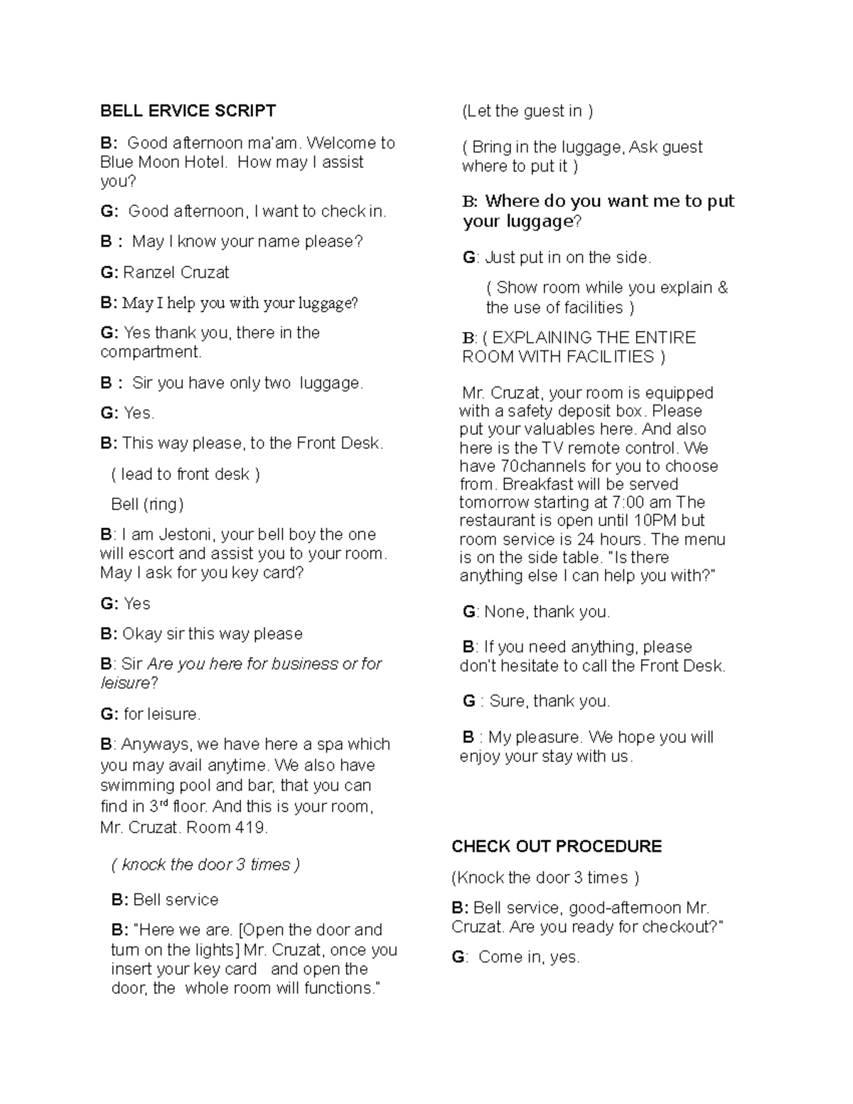 Bell Service Script for Blue Moon Hotel - Jestoni Guide - Studocu