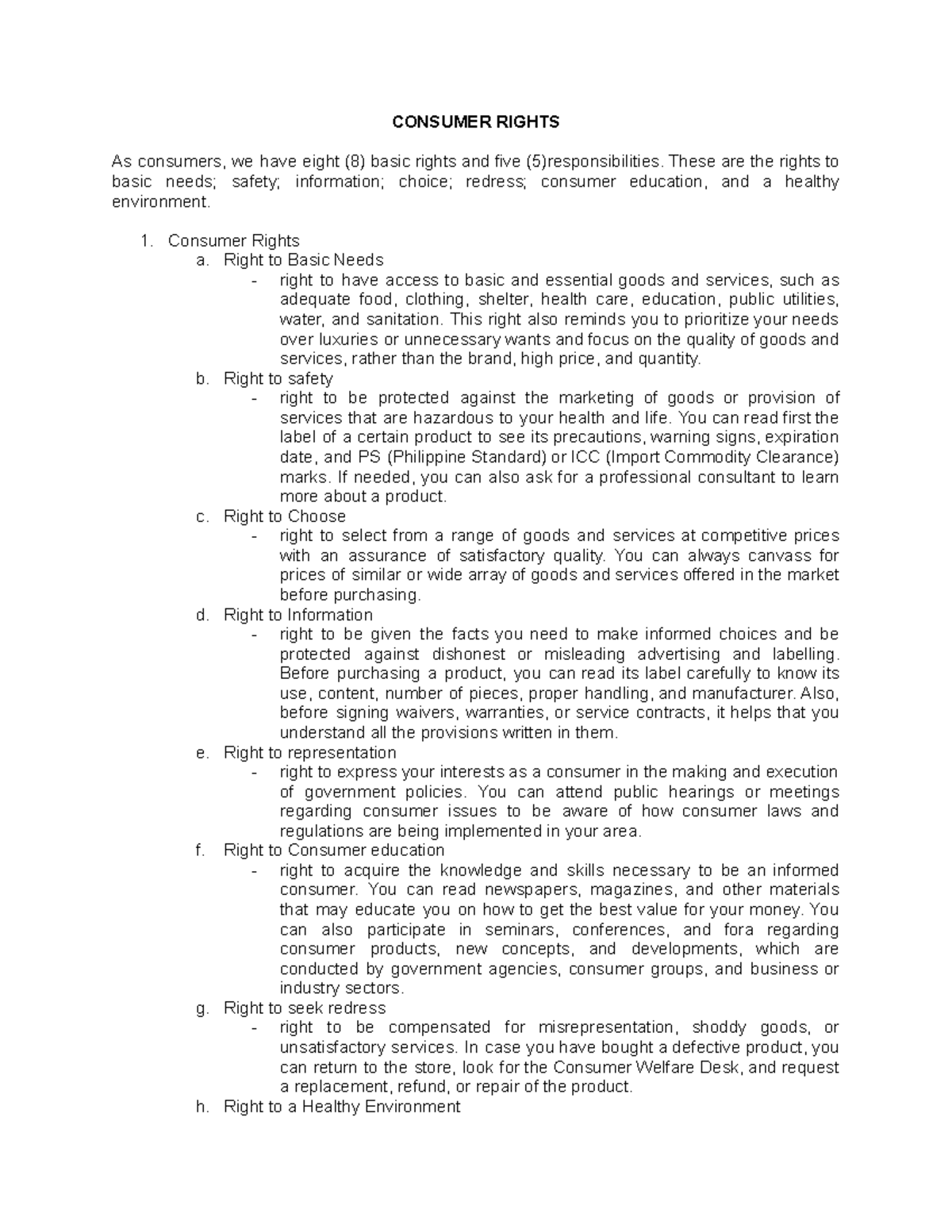 Consumer Rights - Key Concepts and Responsibilities Overview - Studocu