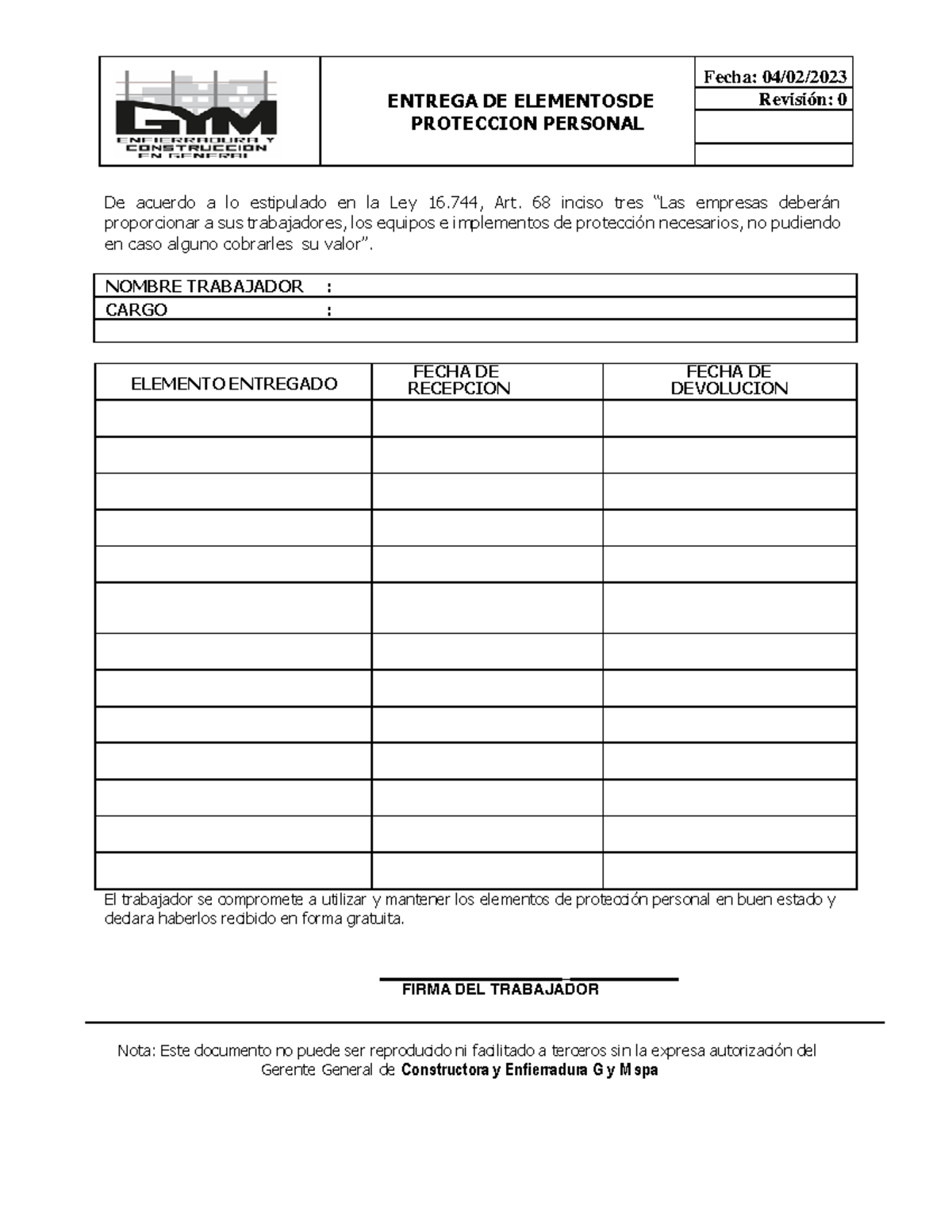 Registro Entrega EPP - ENTREGA DE ELEMENTOS DE PROTECCION PERSONAL Fecha: 04/02/ Revisión: 0 De ...