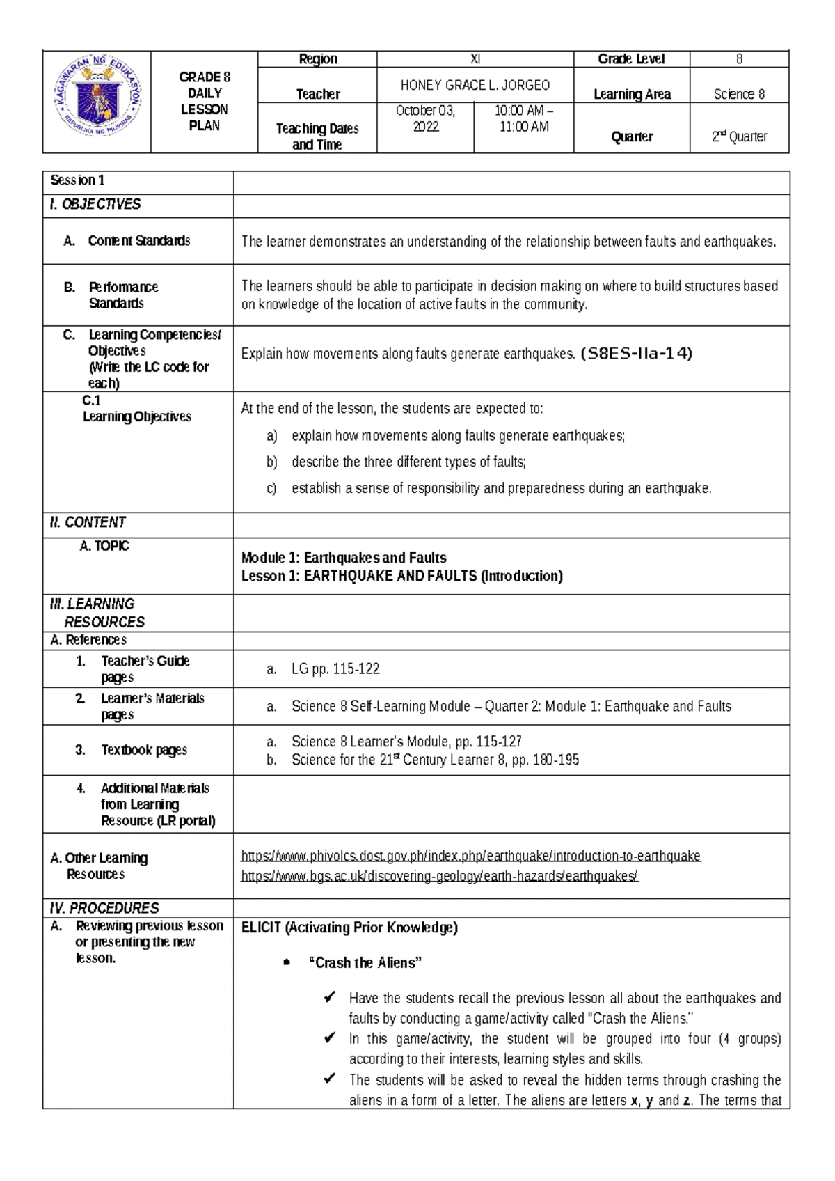 Grade 8 Science Lesson Plan: Mitosis (Q4 - 2022-2023) - Studocu