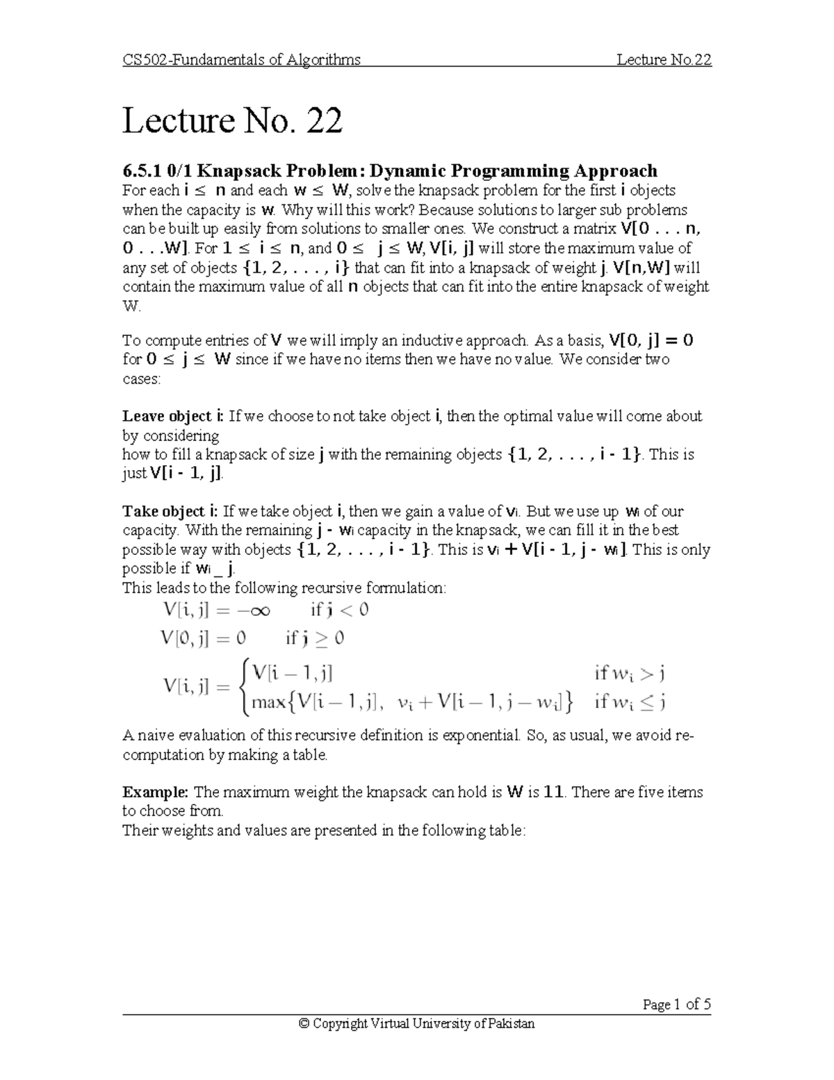 Algorithms Lecture No. 22: Dynamic Programming & Knapsack Problem - Studocu