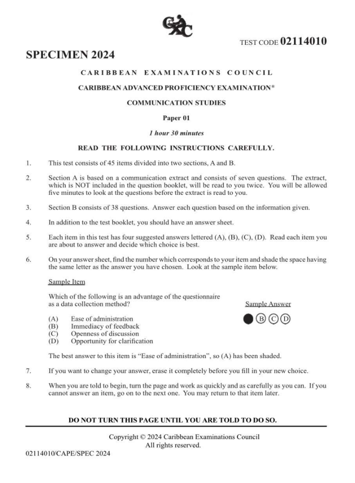2024 2 - CAPE Communication Studies Paper 01 Specimen Exam - Studocu