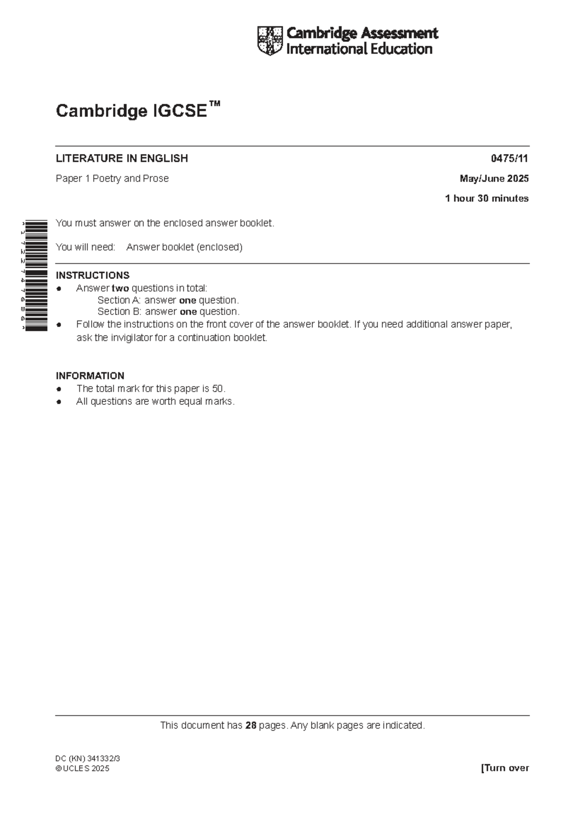 IGCSE English 0475 S25 Paper 1 Poetry & Prose Past Exam 2025 - Studocu