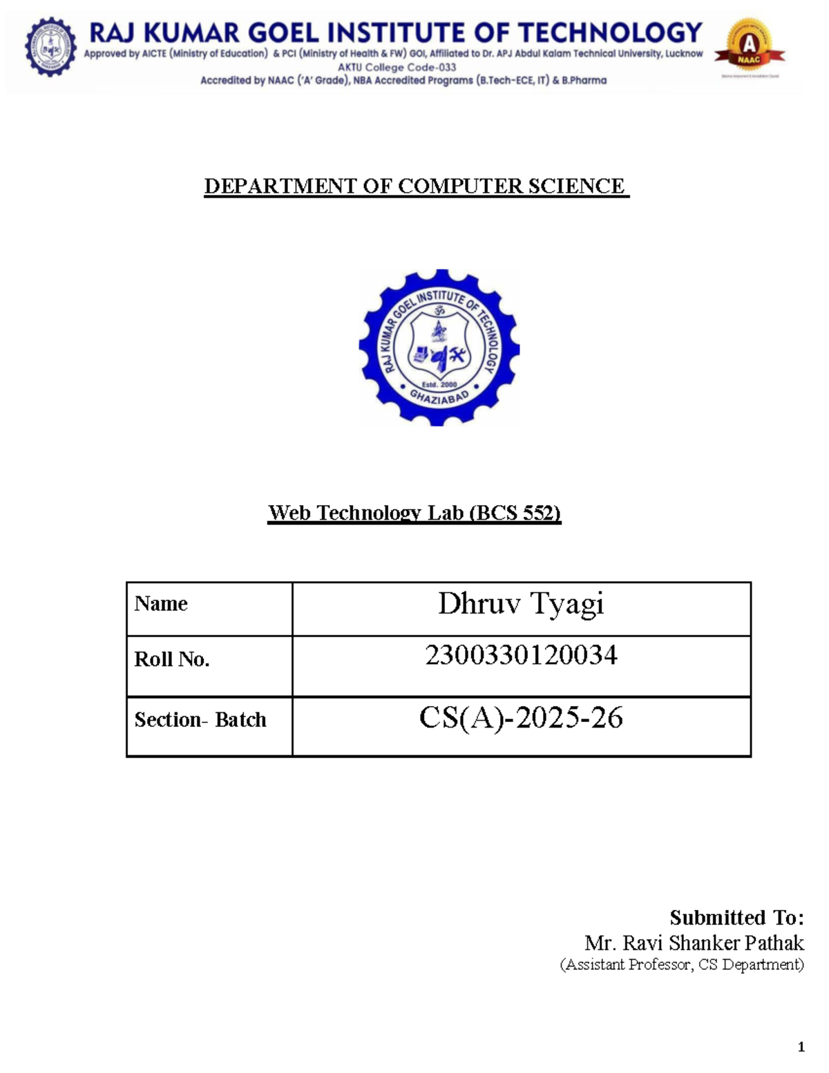 Web Technology Lab Practical File (BCS 552) by Dhruv Tyagi - Studocu