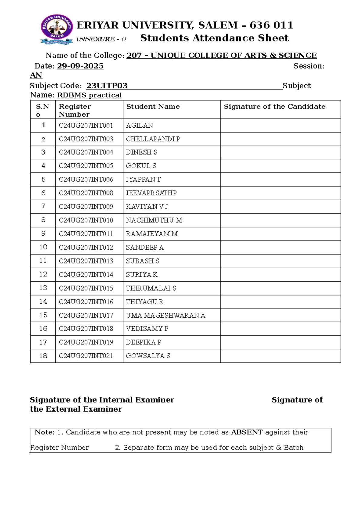 RDBMS Practical Attendance Sheet - 23UITP03 - Studocu