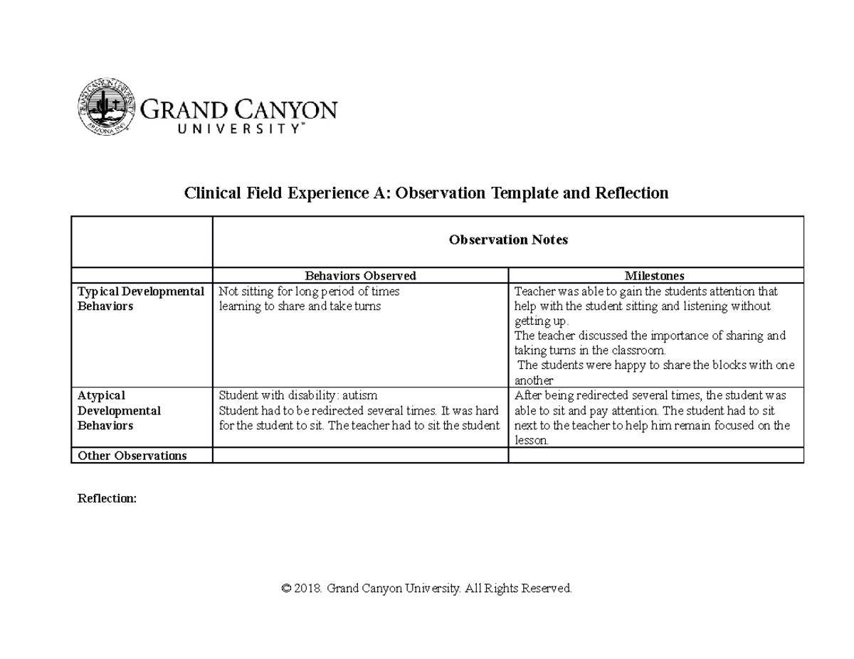 Field experience work sheet complete - Clinical Field Experience A ...