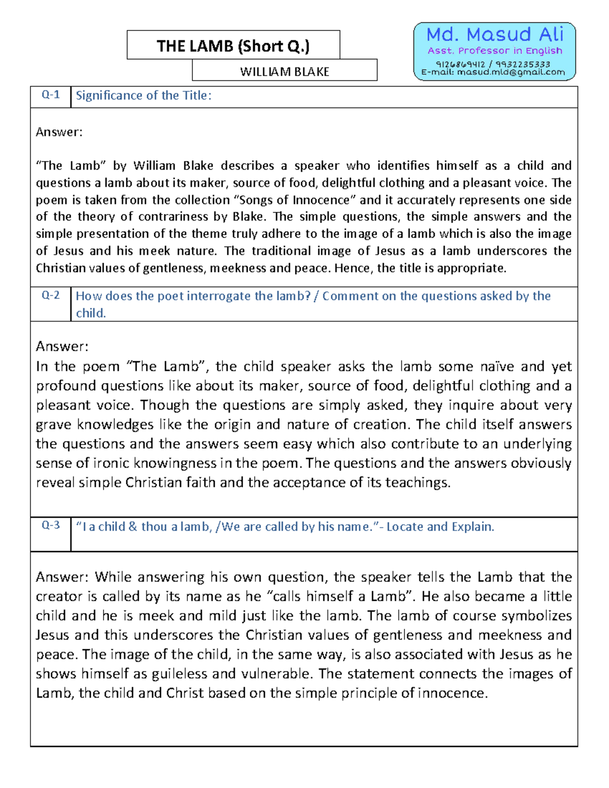 Short Q&A on William Blake's "The Lamb" & "The Tyger" (ENG 101) - Studocu