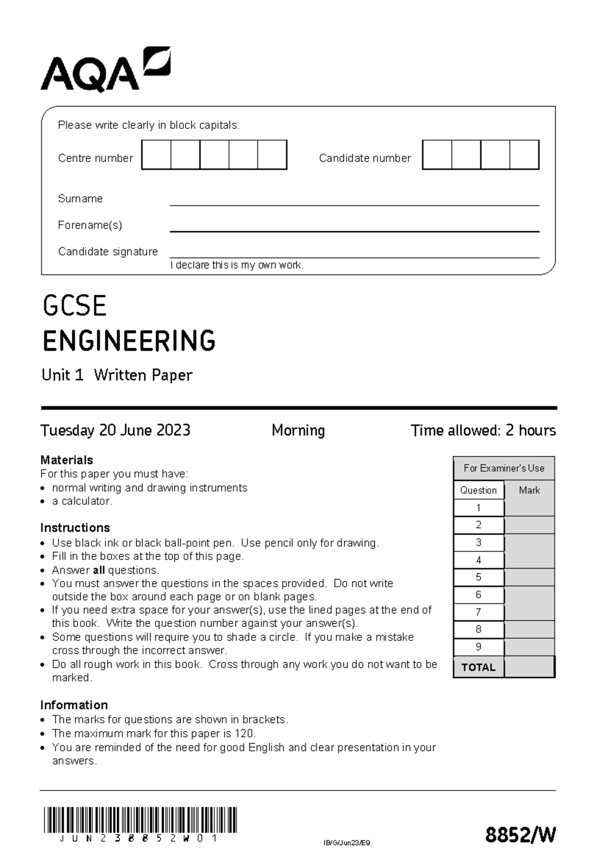 AQA 8852W GCSE Engineering Unit 1 Written Paper June 2023 - Studocu