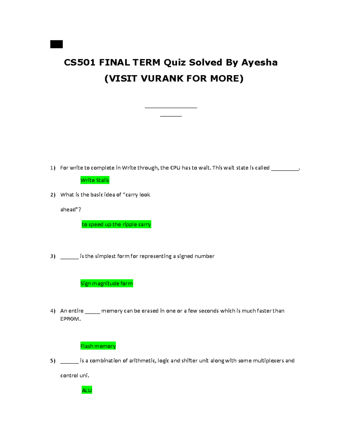 CS501 Final TERM Quiz Answers and Solutions by Ayesha - Studocu