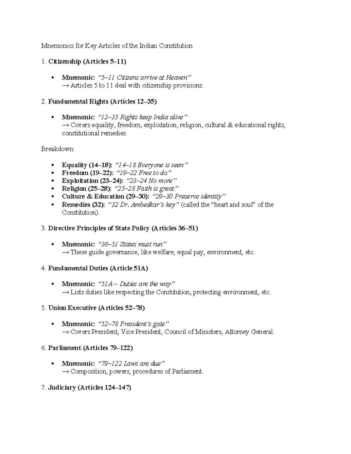 Mnemonics for Key Articles of the Indian Constitution: A Study Guide ...