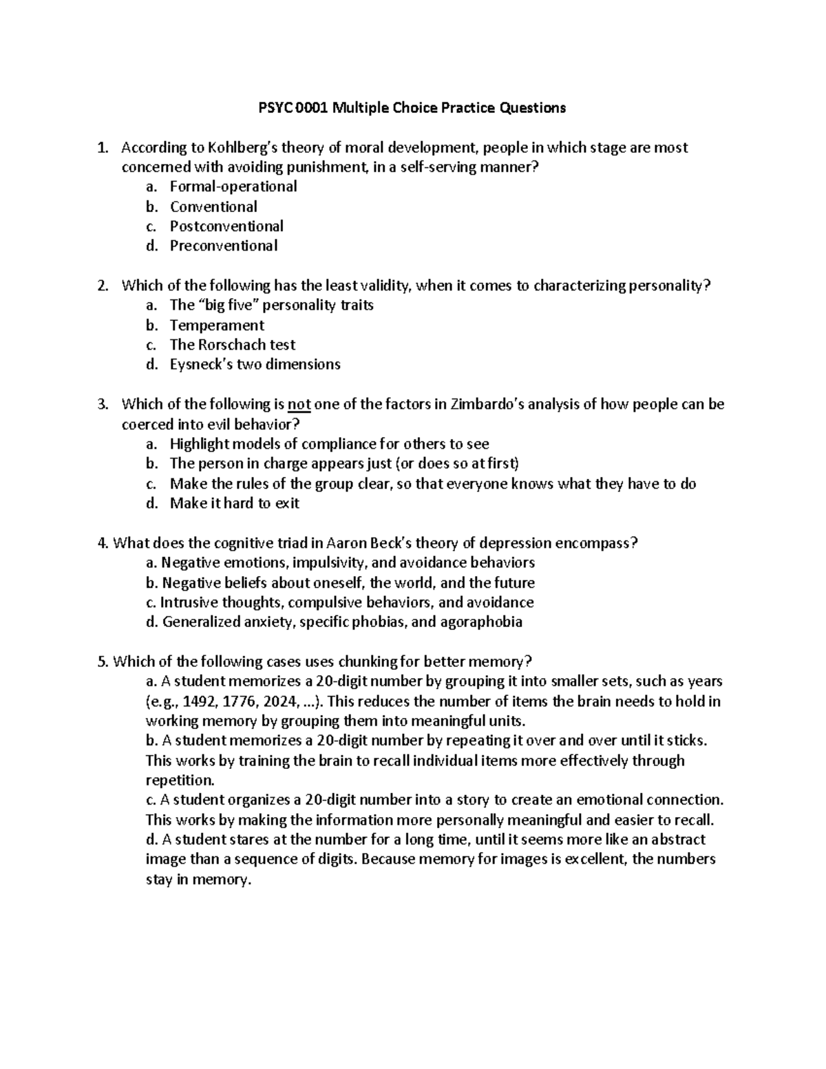 MC Practice Questions Final 2024 - PSYC 0001 Multiple Choice Practice Questions According to ...