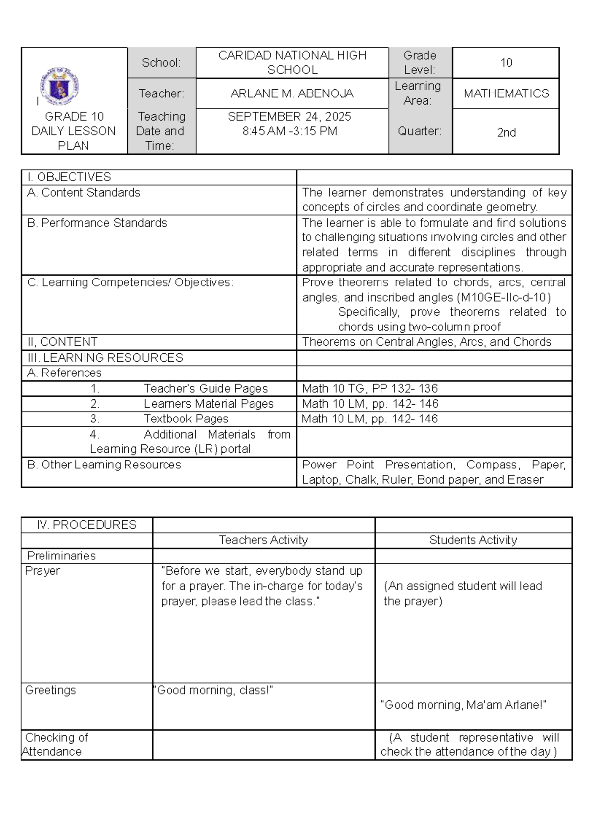 Theorems Related to Chords: Grade 10 Math Daily Lesson Plan - Studocu