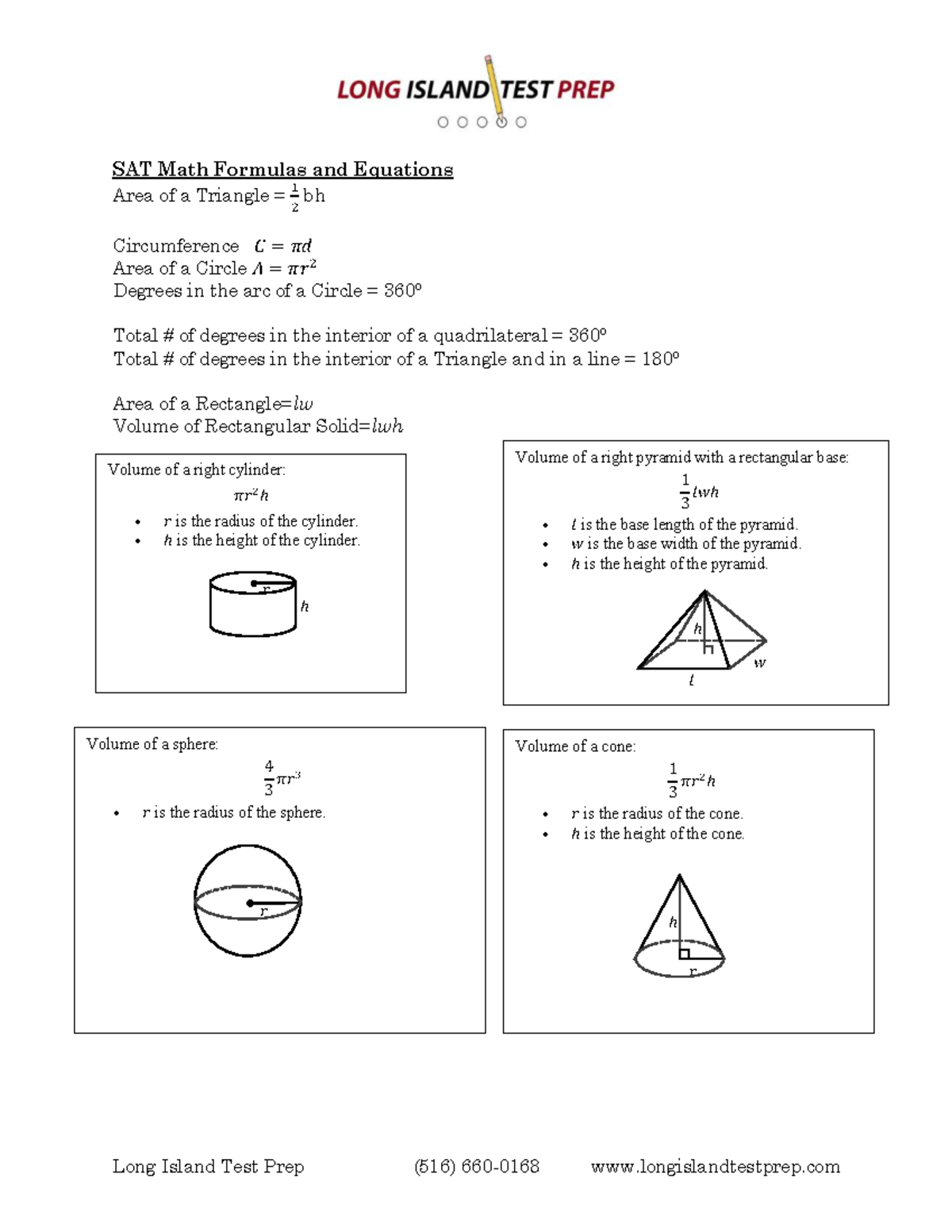 SAT Math Formulas and Equations - • ℎ is the height of the cylinder. 𝑟 ...