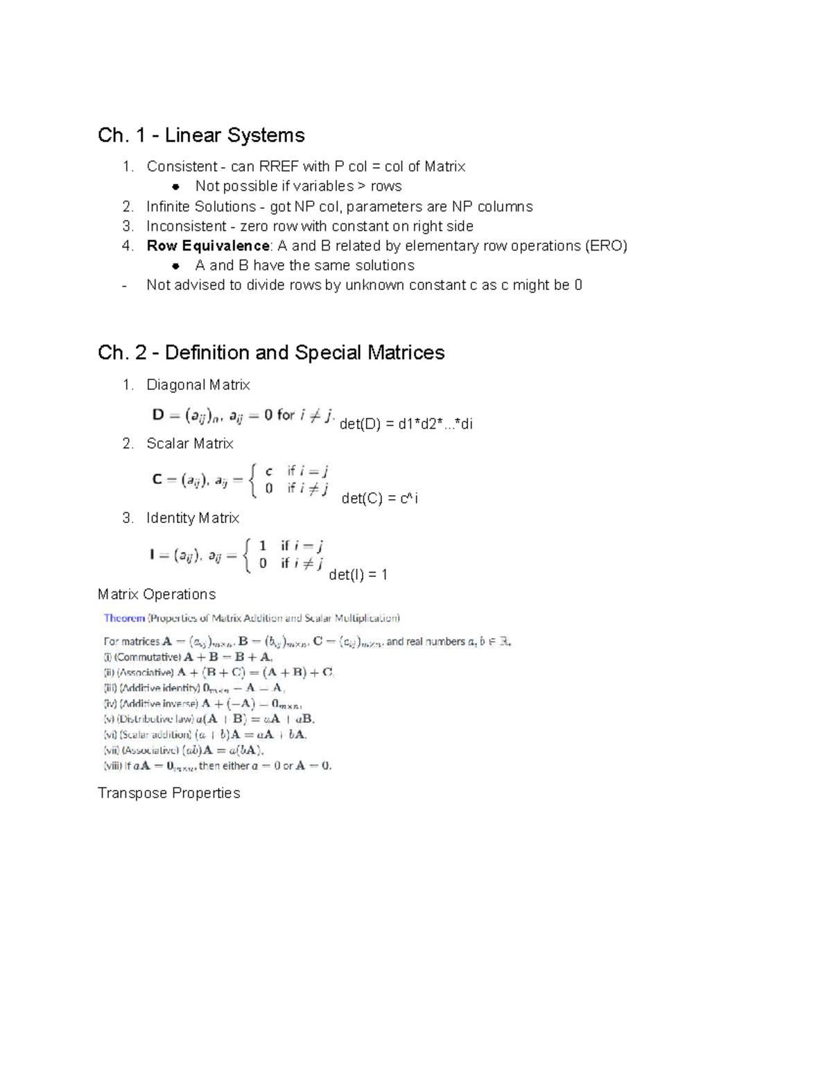 MA1508E Cheat Sheet: Linear Systems & Matrix Operations Overview - Studocu
