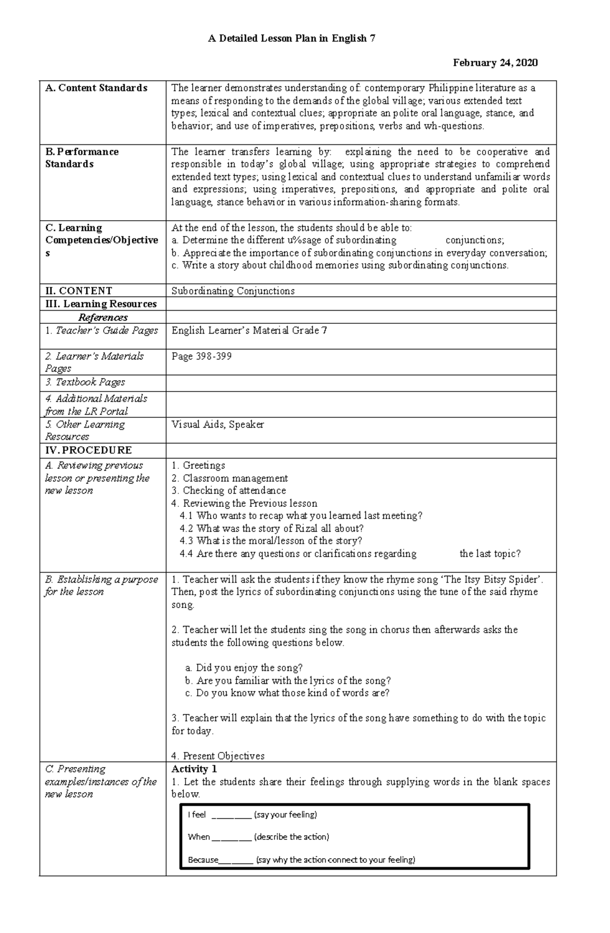 648570560 Daily Lesson Plan on Subordinating Conjunctions - Studocu