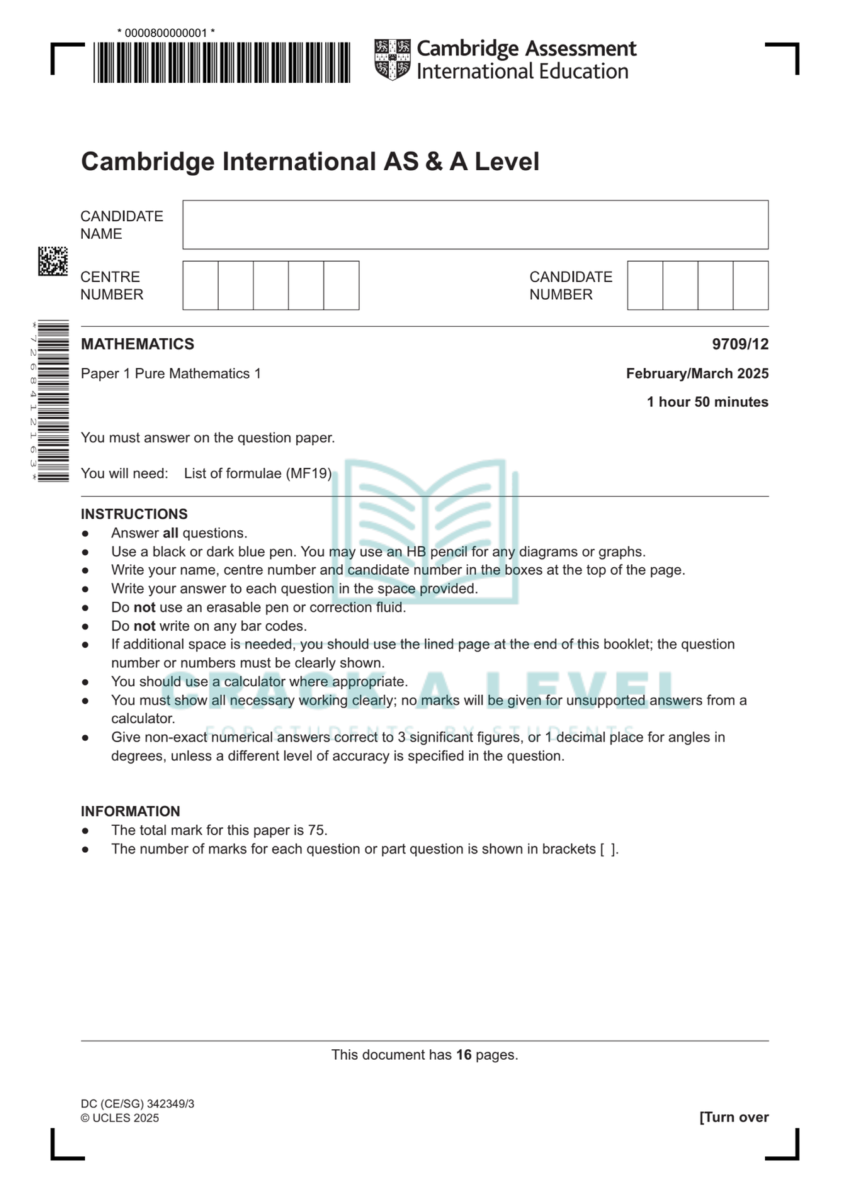 A Level Mathematics 9709 12 QP - Feb-March 2025 Exam Paper - Studocu