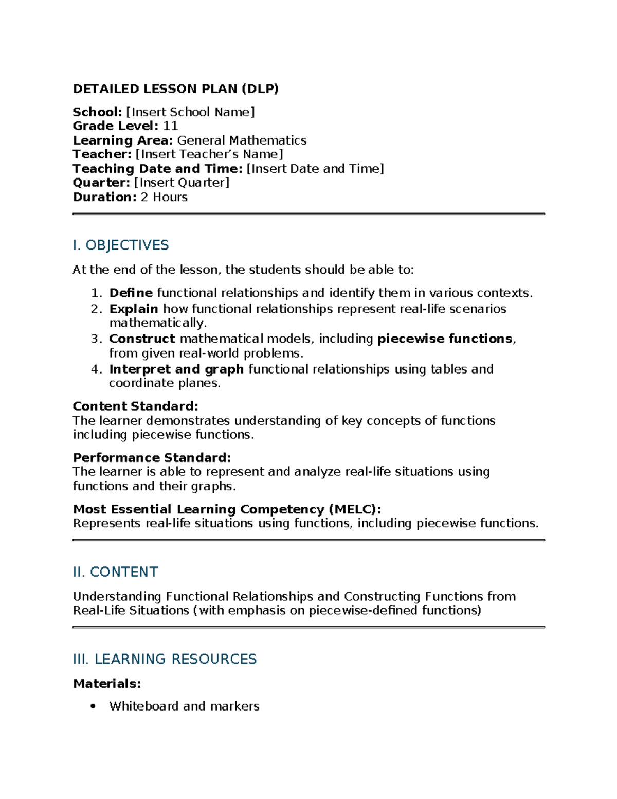 Functional Relationships Lesson Plan (DLP) for Grade 11 Mathematics ...
