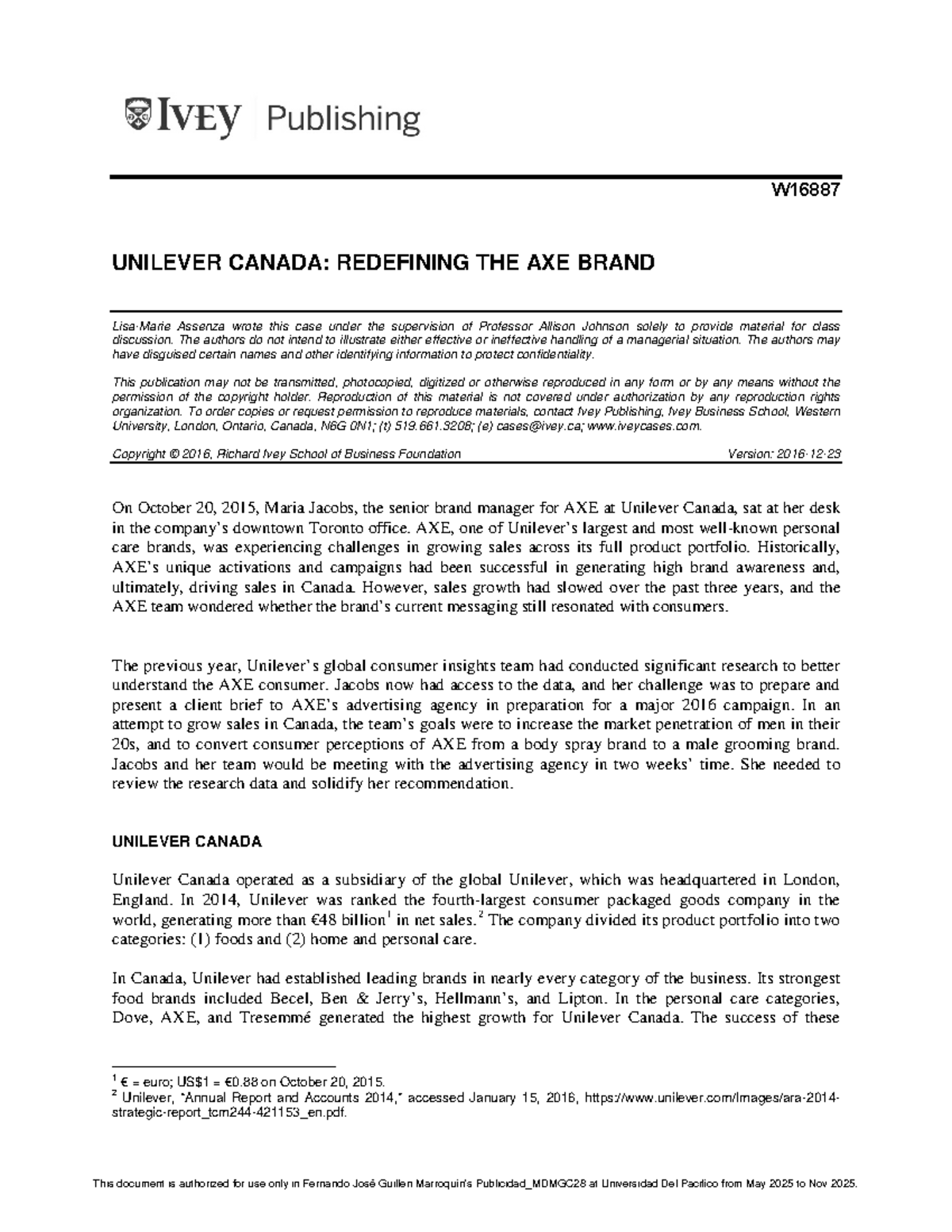 W16887 Unilever Canada: AXE Brand Strategy Case Study - Studocu