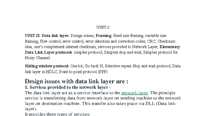 CN-UNIT-2: Data Link Layer Design Issues & Protocols Overview - Studocu