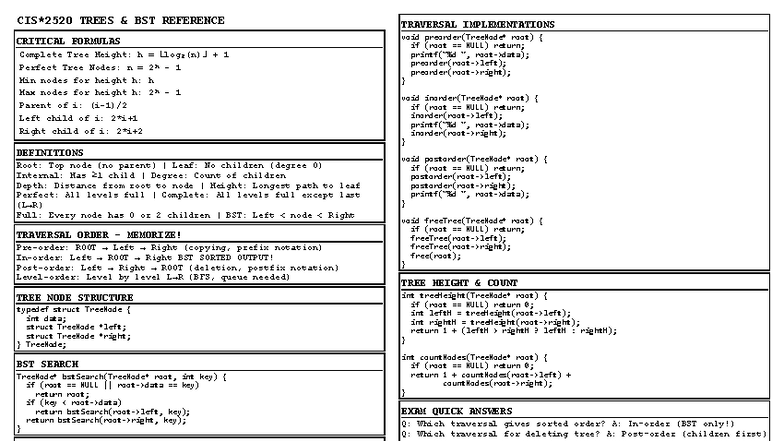 BST Lab Exam 2 Cheat Sheet: Key Formulas & Traversal Methods - Studocu