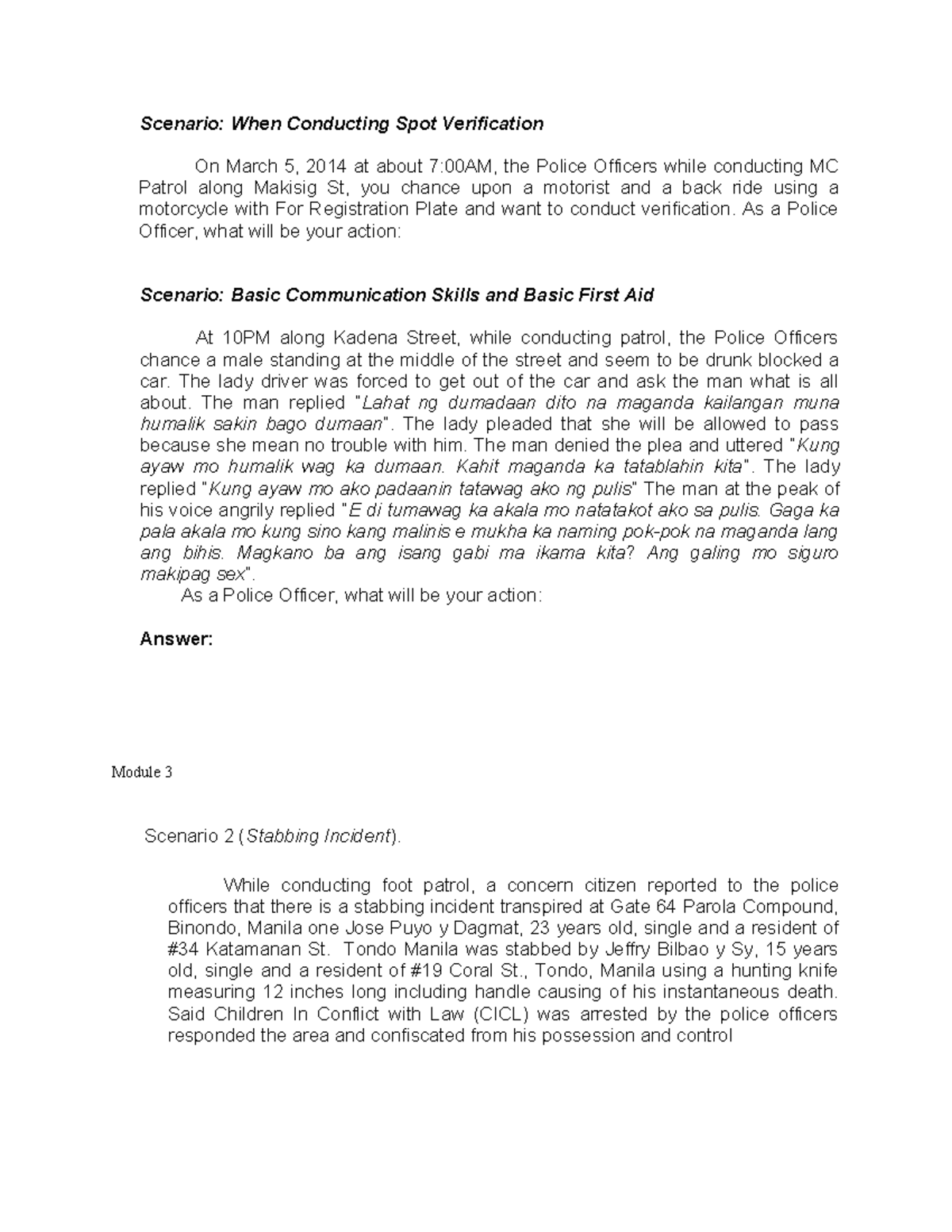 FTO Scenario Lecture: Police Patrol Procedures and Actions - Studocu