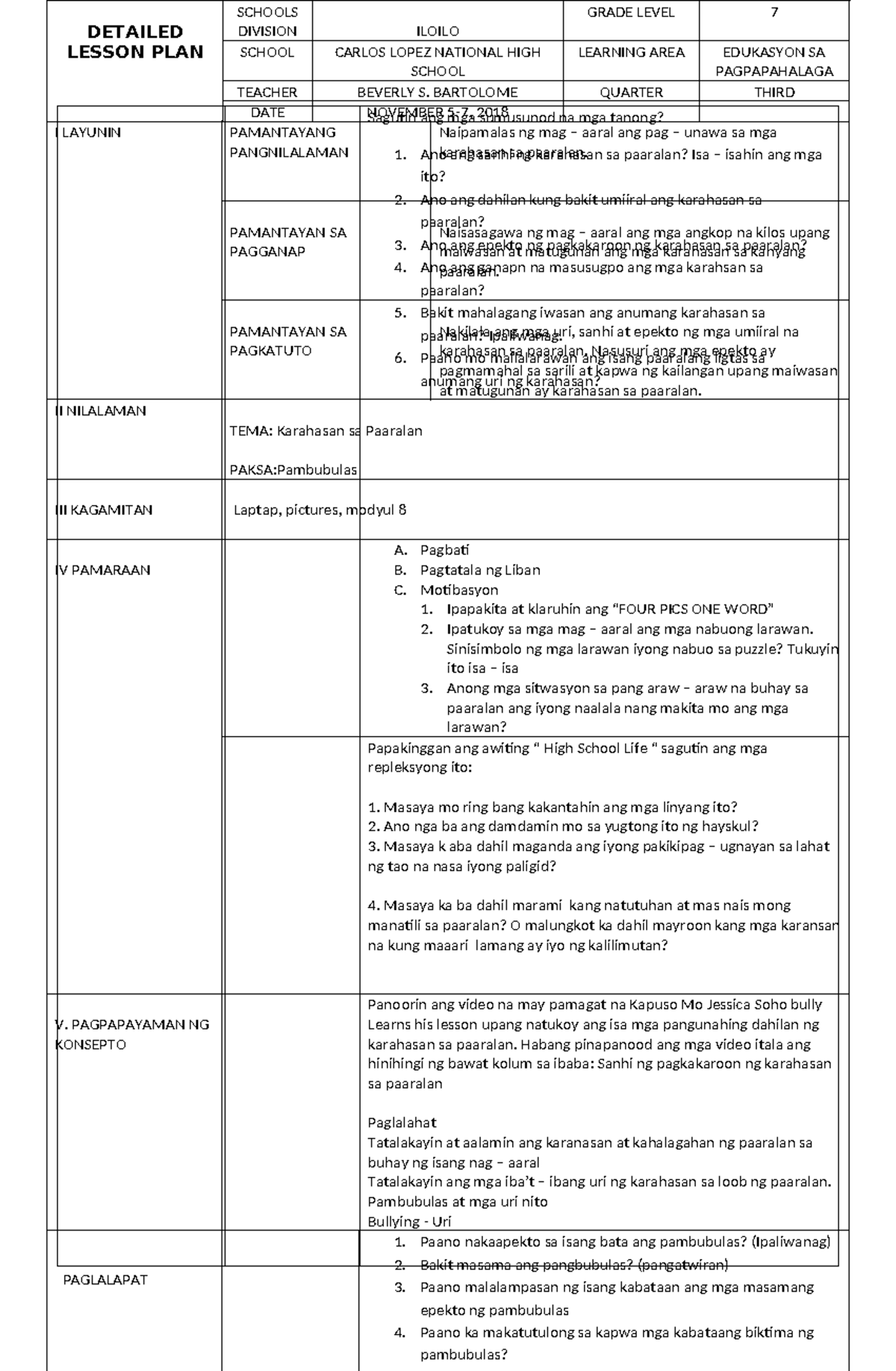 Detailed Lesson Plan on Violence in Schools - ESP 8 - Studocu