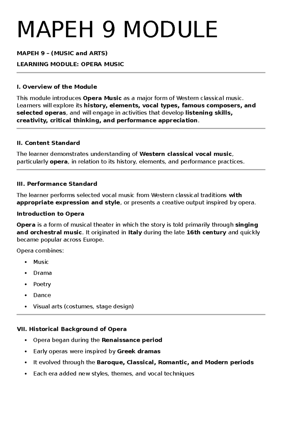 MAPEH 9 MODULE: OPERA MUSIC & INTENTIONAL INJURIES REVIEWER - Studocu