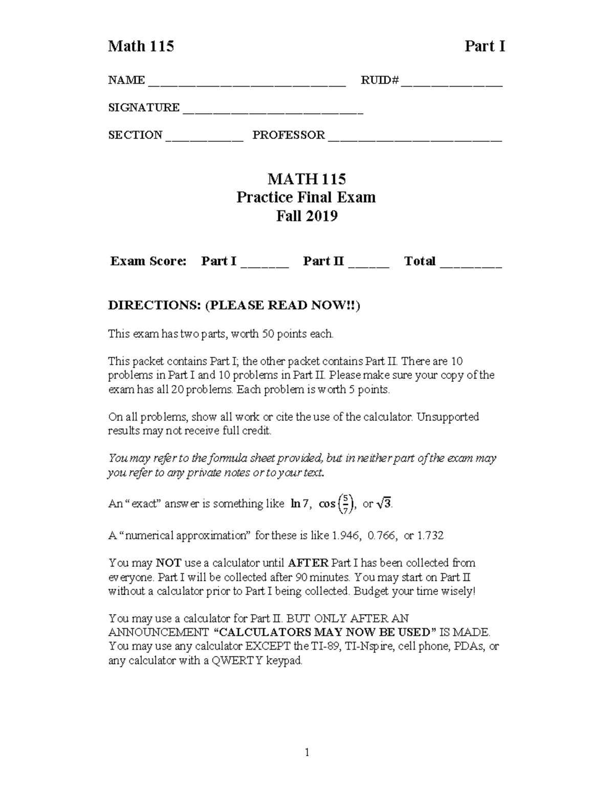 Math 115 Practice Final Exam - Part I & II - Fall 2019 - Studocu
