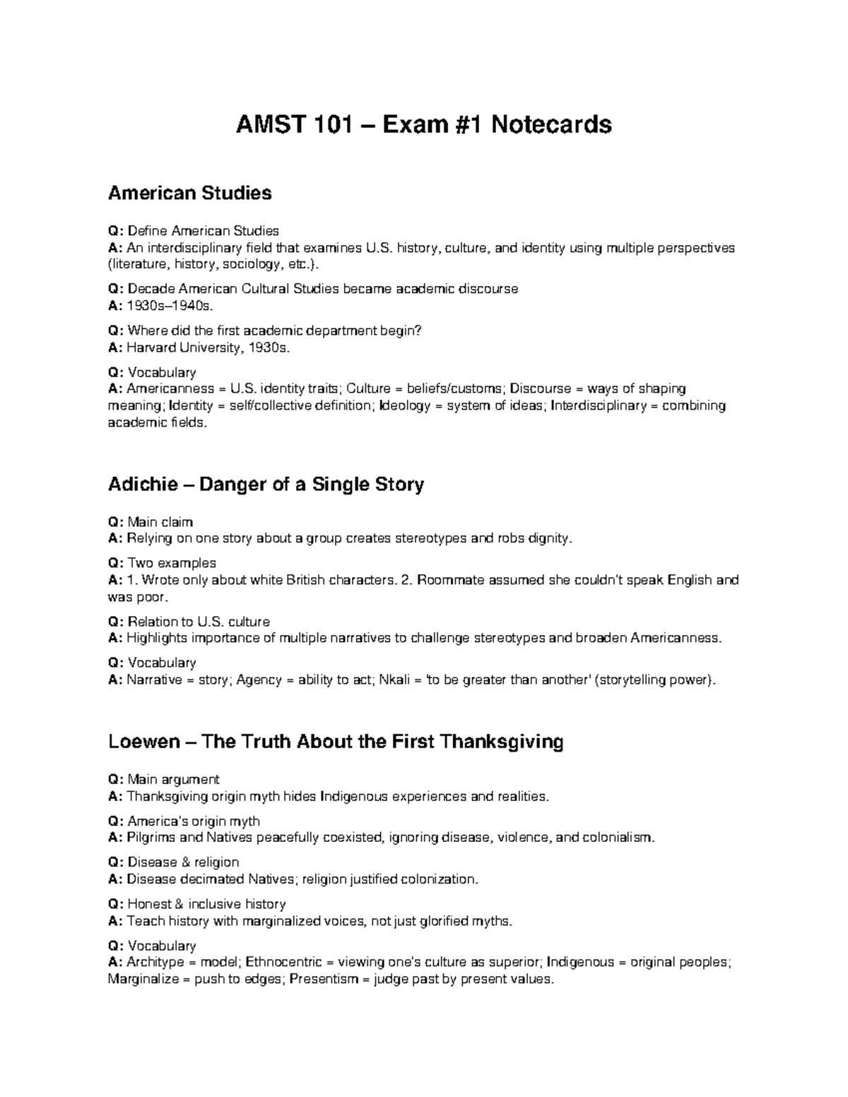 AMST 101 – Exam #1 Notecards: Key Concepts & Historical Context - Studocu