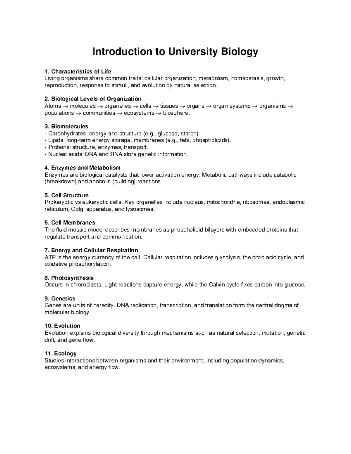 Intro to University Biology 1: Key Concepts & Overview - Studocu