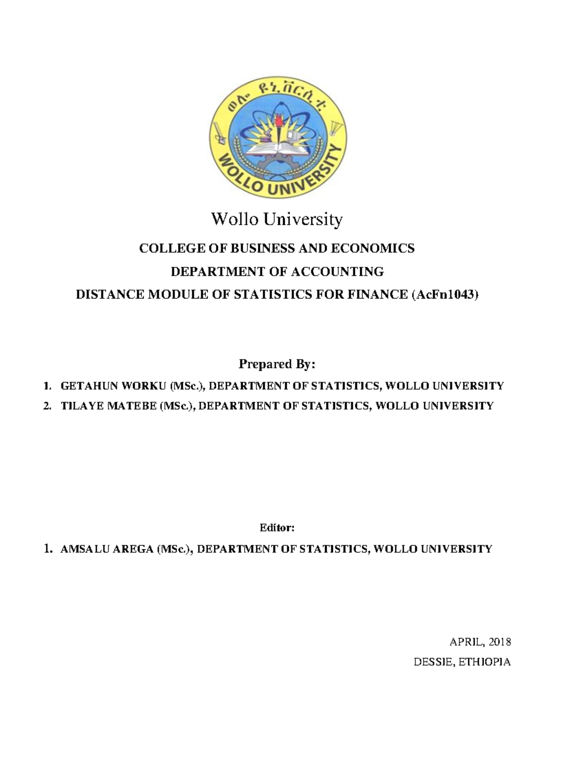 Lecture Notes on Statistics for Finance (AcFn1043) at Wollo University ...