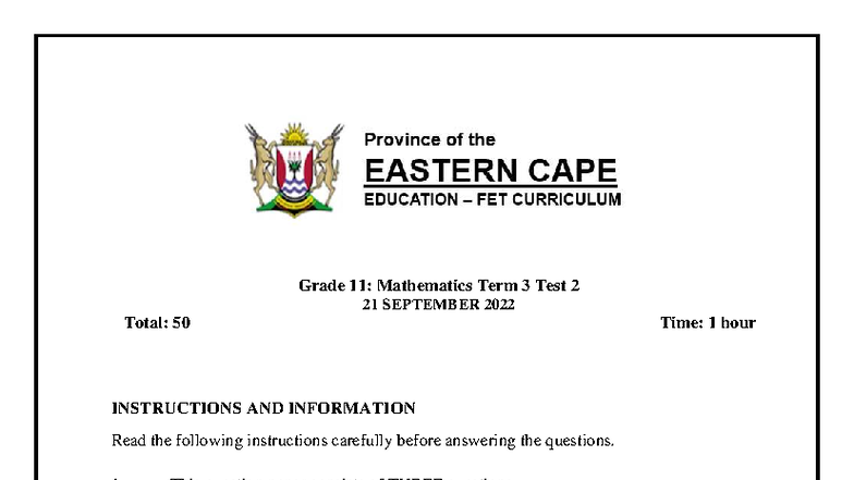 Grade 11: Mathematics Term 3 Test 2 - 21 Sept 2022 - Studocu