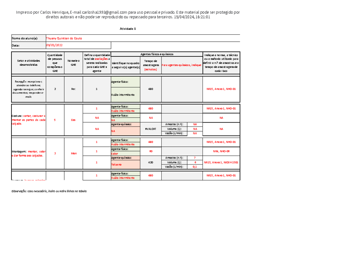 Atividade 1 TST UC4 - Análise de Agentes Físicos e Químicos - Studocu