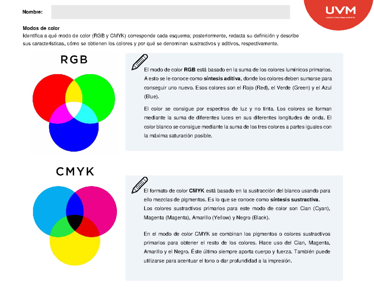 A2 Modos de Color: Definición y Características de RGB y CMYK - Studocu