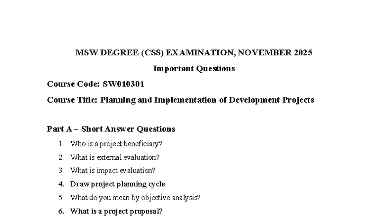 SW010301 MSW Exam Nov 2025: Key Questions on Project Planning - Studocu