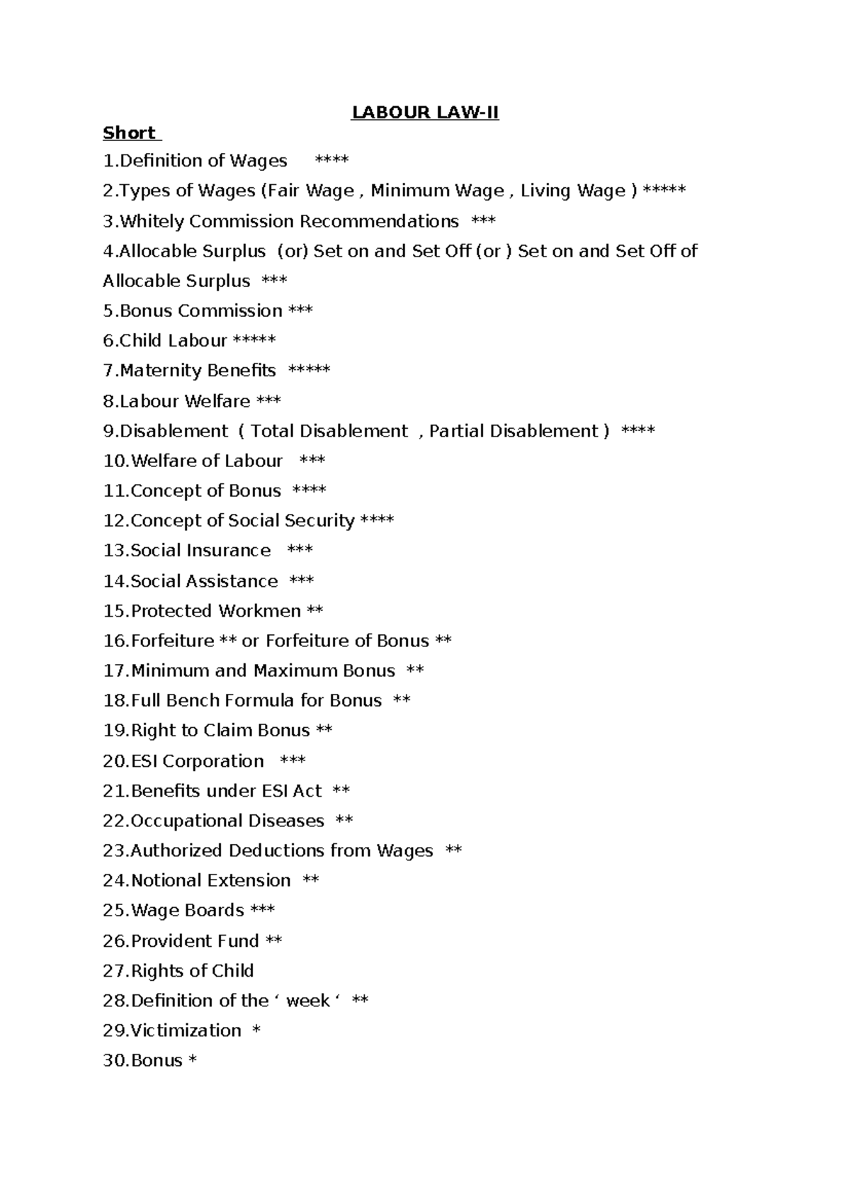 Labour Law II: Key Concepts, Wages, and Essay Questions Overview - Studocu