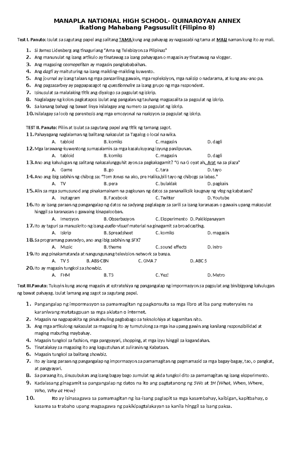 3rd Quarter Long Test - none - MANAPLA NATIONAL HIGH SCHOOL- QUINAROYAN ...