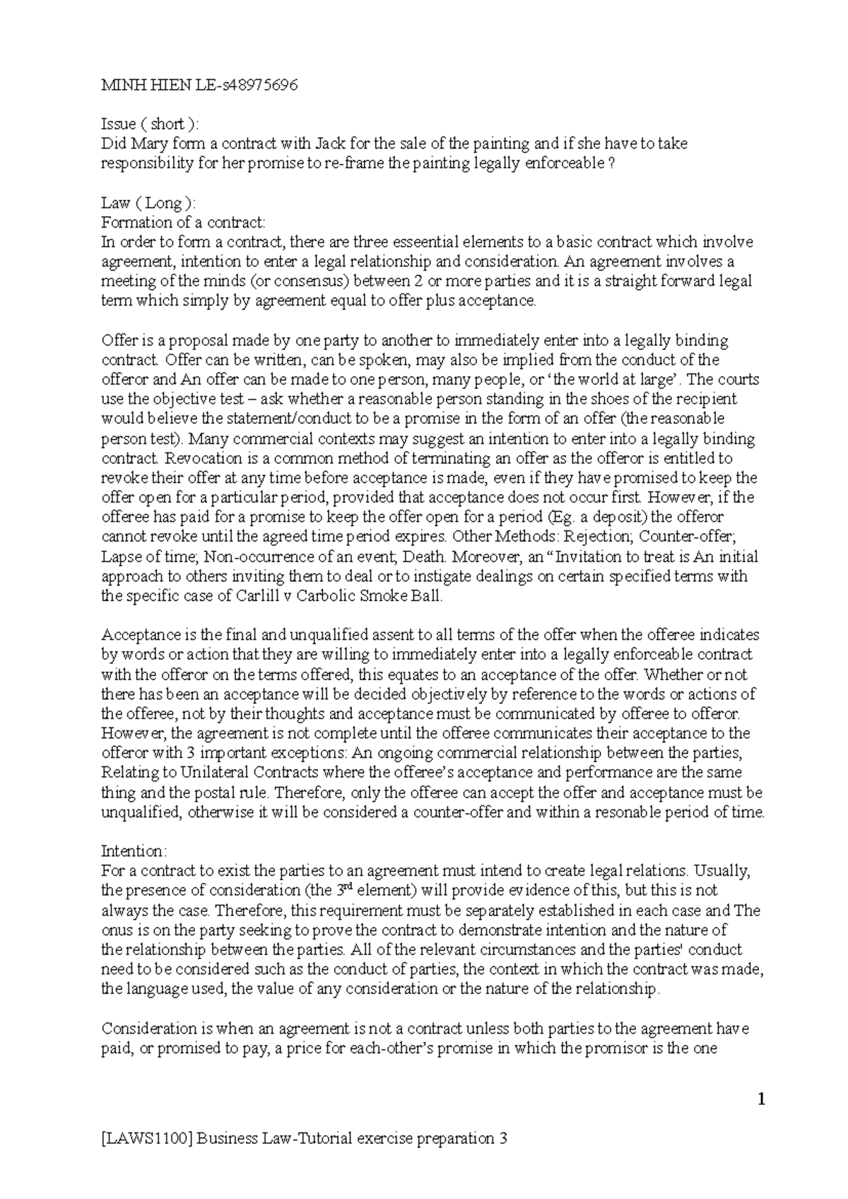 MINH HIEN Law 101: Contract Formation Analysis - Mary & Jack's Case ...