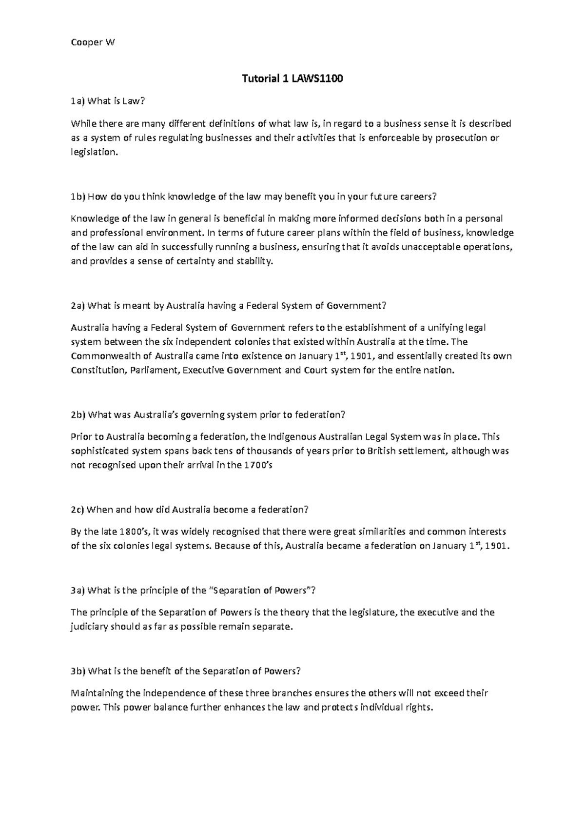 Tutorial 1 LAWS1100 - laws tute task - Cooper W Tutorial 1 LAWS 1a ...