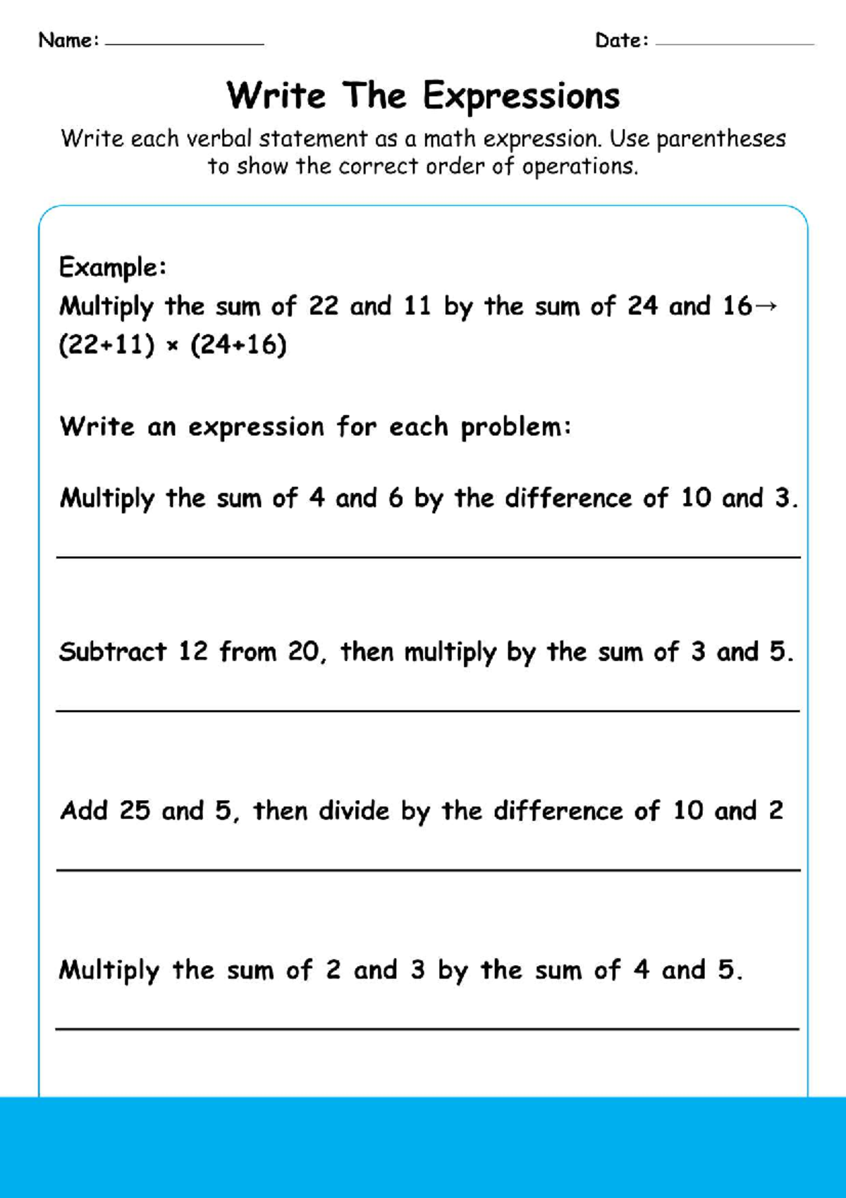Order of Operations Expressions - 5th Grade Worksheet - Name: Date ...