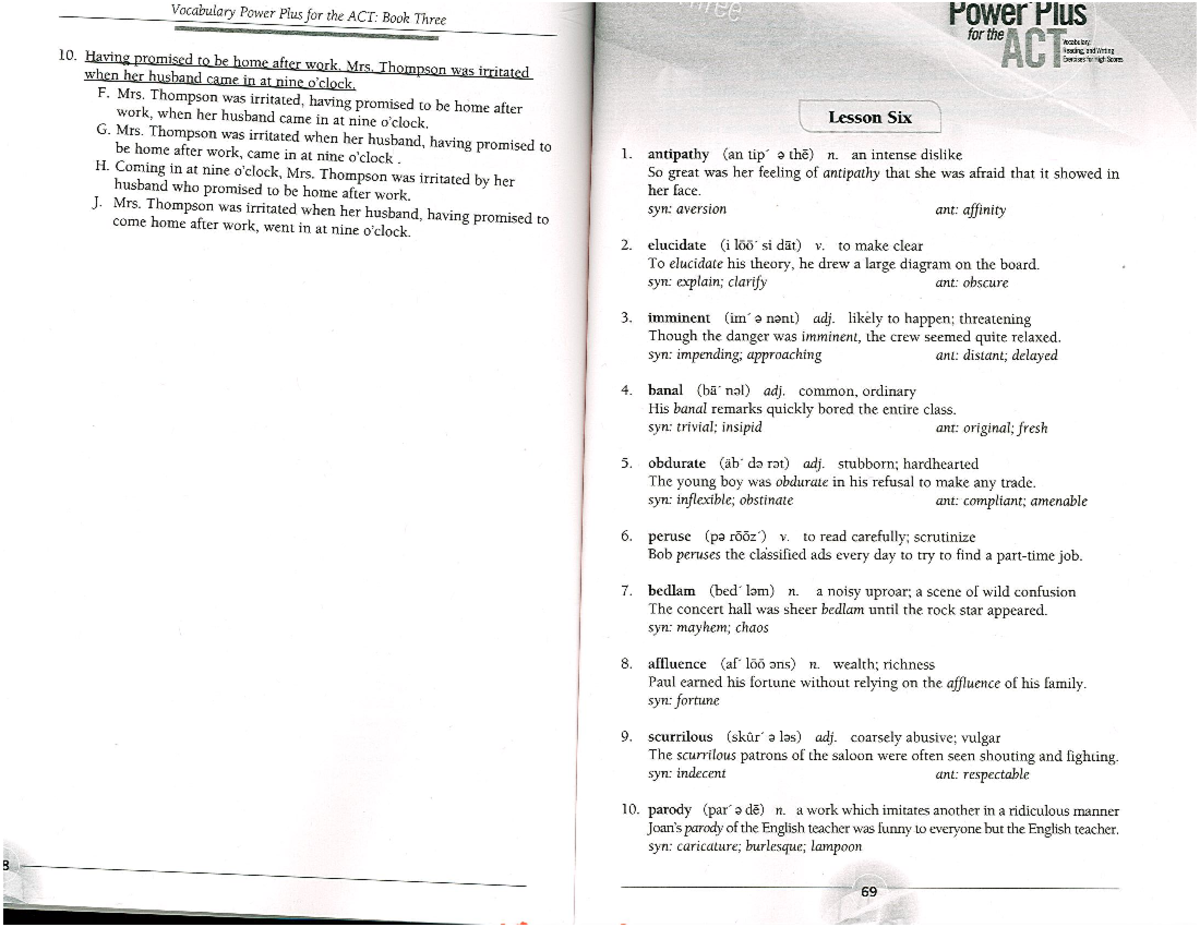 Unit 6 Vocabulary Power Plus for the ACT: Key Terms and Exercises - Studocu