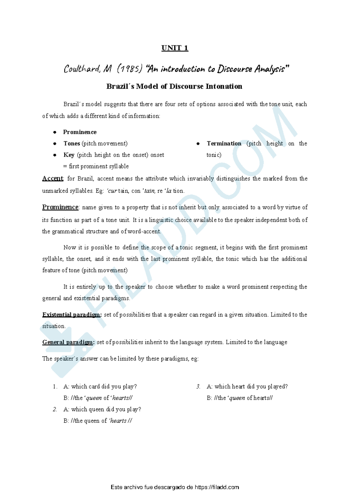 UNIT 1: Introduction to the Discourse Intonation Model - Outline - Studocu