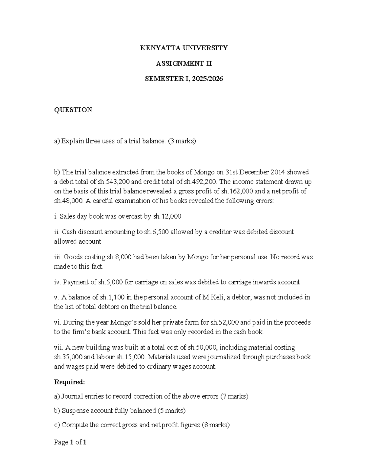 Financial Accounting 1: Assignment II - Trial Balance Errors ...
