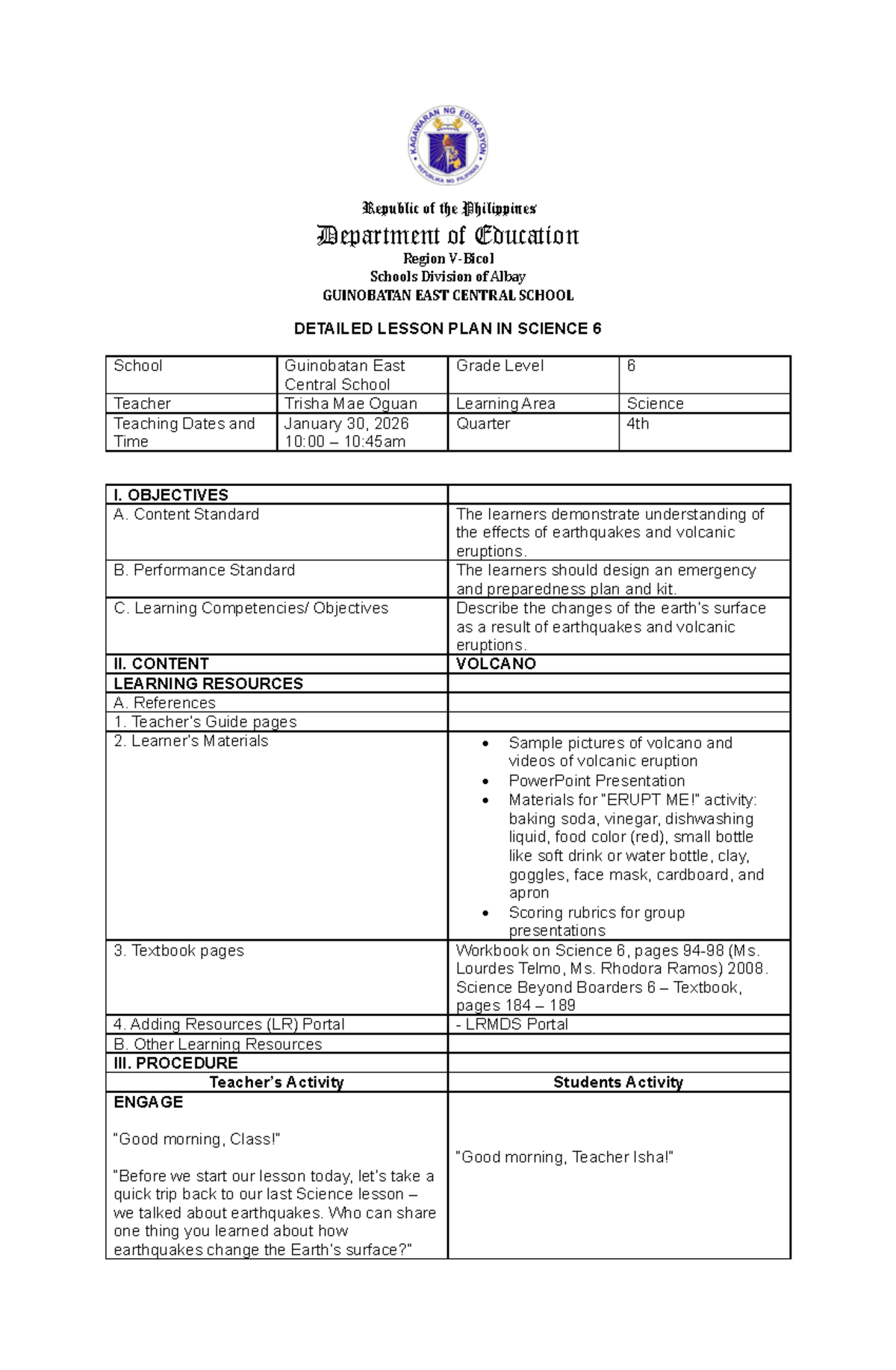 Detailed Lesson Plan in Science 6: Understanding Volcanoes and Their ...